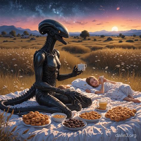 Teenage Girl Hosts Xenomorph Tea Party Under Starry Sky Dalle3 Ai