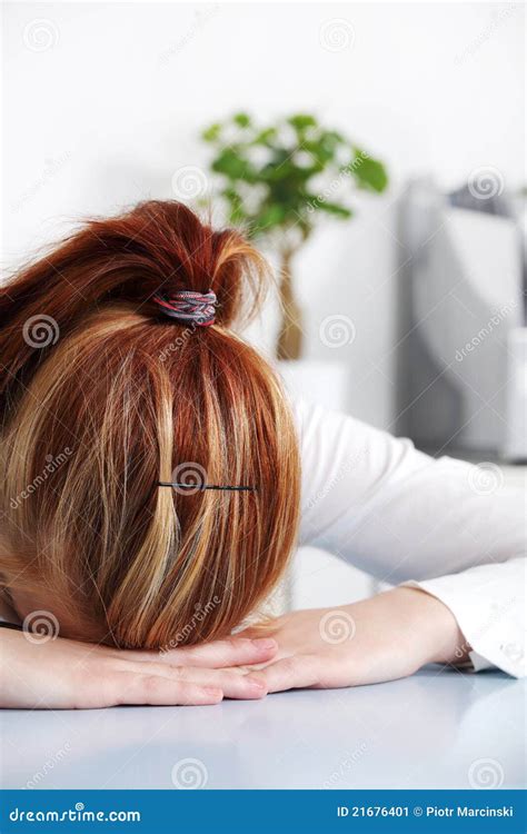 Caucasian Woman Lying On The Desk Stock Image Image Of Overworked