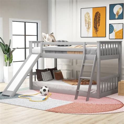 Polibi Twin Over Twin Bunk Bed With Convertible Slide And Ladder Gray