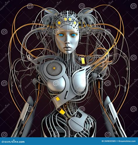 Generative AI Futuristic Female Humanoid Robot From Which Many Metal