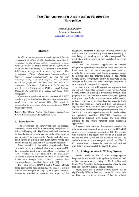 PDF Two Tier Approach For Arabic Offline Handwriting Recognition
