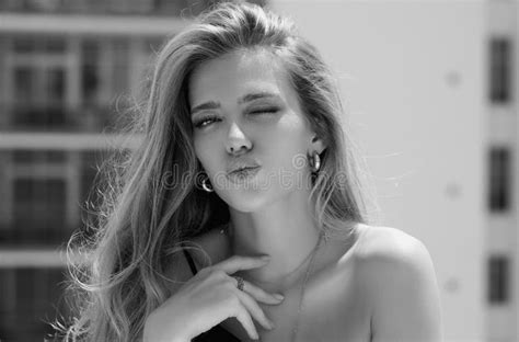 Kiss Portrait Of Cute Lovely Girl Sending Blowing Kiss With Pout Lips