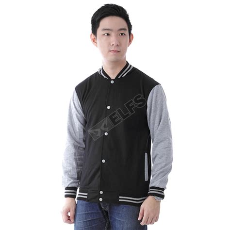 Jaket Pria Baseball Varsity Lengan Abu Muda Hitam JAKET VARSITY ELFS SHOP