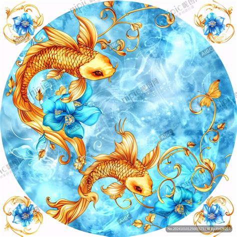 Ai创作图双鱼吉祥图案 吉祥装饰插画如鱼得水 金鱼彩绘图案 金色吉祥锦鲤图案 金鱼图案纹饰 烫金鲤鱼花纹 锦鲤吉祥图案 金色鲤鱼蓝色翅膀 中式
