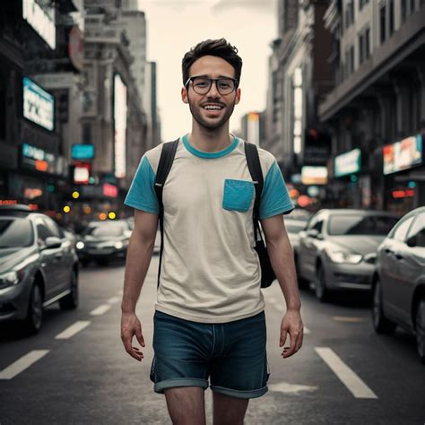 A Man Wearing A Backpack And A Backpack Walks Down A Street Premium