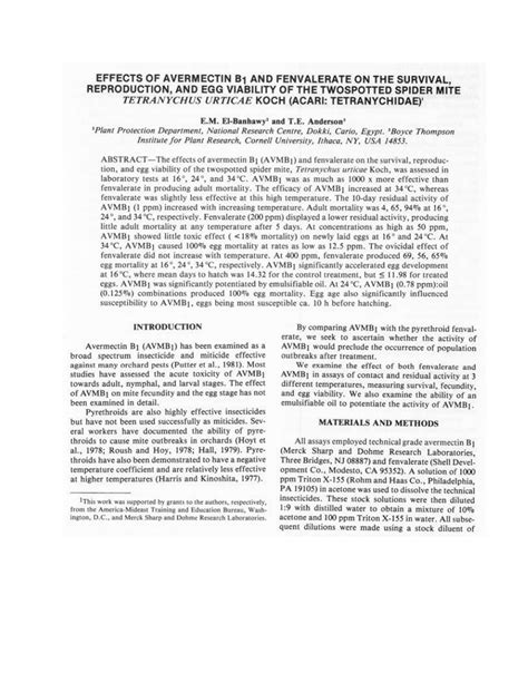 Pdf Effects Of Avermectin B1 And Fenvalerate On The Survival Reproduction And Egg Viability