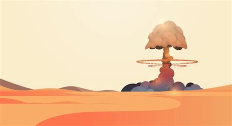 사막 종말 폭발 위험한 파괴 중지 전쟁 개념 수평 벡터 일러스트 레이 션에서 원자 버섯 구름의 핵 폭발 상승 불덩어리 프리미엄 벡터
