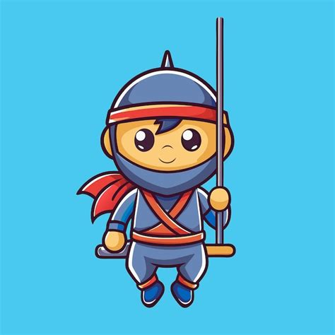 만화 터 일러스트레이션에서 로프에 매달린 귀여운 닌자 전투기 프리미엄 Ai 생성 벡터