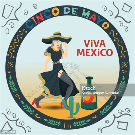 멕시코 휴일 Cinco De Mayo를 테마로 디자인하기위한 벡터 플랫 일러스트 만화 를 원형 장식으로 한 소녀에 솜브레로