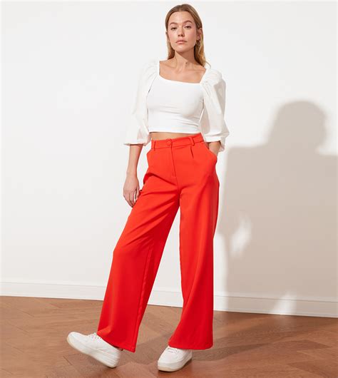 Buy Trendyol High Waist Wide Leg Trousers In Red 6thstreet Qatar