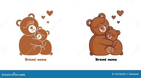 Two Hugging Bears Back View Cute Cartoon Illustration Love And