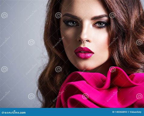 Closeup Face Of A Beautiful Woman With Red Lips Stock Image Image Of