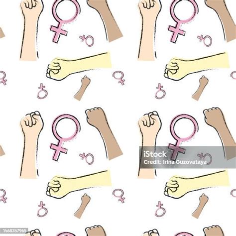 주먹으로 꽉 쥔 손 다른 인종의 여성 여성 상징이 있는 매끄러운 패턴 3 월 8 일 세계 여성의 날 개념 벡터 이미지