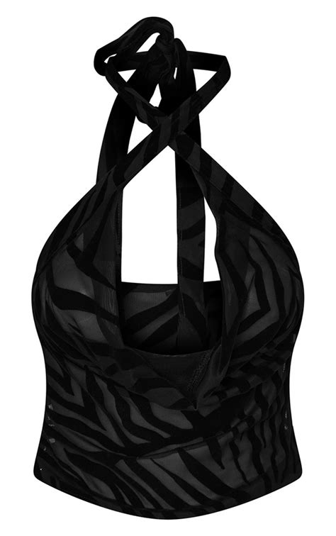 Black Zebra Devore Halterneck Plunge Cowl Top Prettylittlething Aus