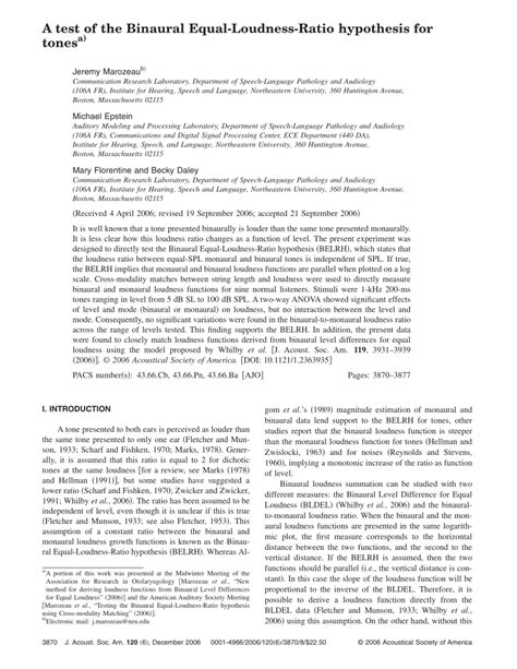 Pdf A Test Of The Binaural Equal Loudness Ratio Hypothesis For Tones