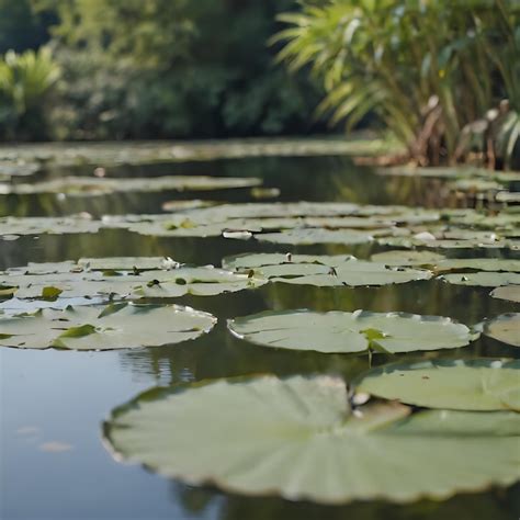 Premium Photo A Pond With Lily Pads And A Tree In The Background