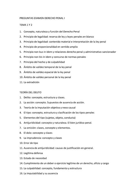 Preguntas Examen Derecho Penal I PREGUNTAS EXAMEN DERECHO PENAL I