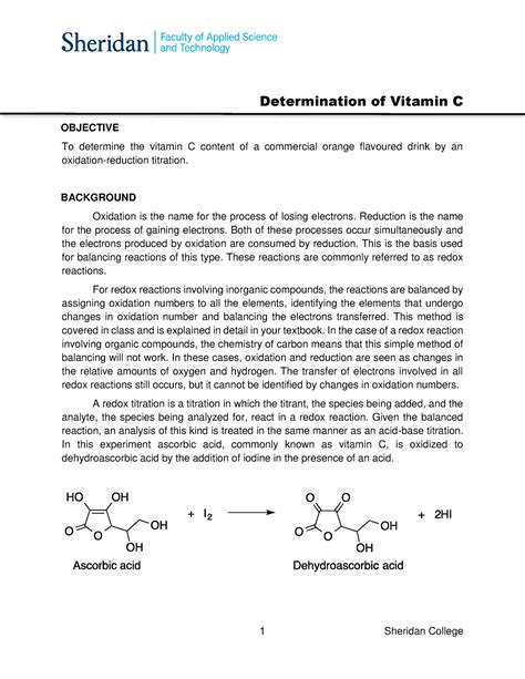Determination Of Vitamin C In Lab Assignment 2 1 Sheridan College
