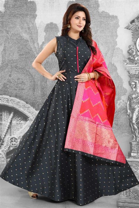 Black Taffeta Hand Work Abaya Style Anarkali Suit With Brocade Dupatta
