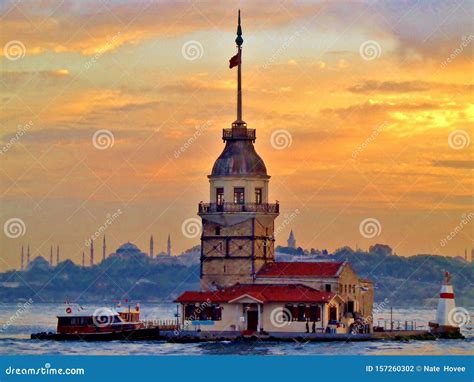 Maiden S Tower In Istanbul And Old City In Background At Sunset Stock