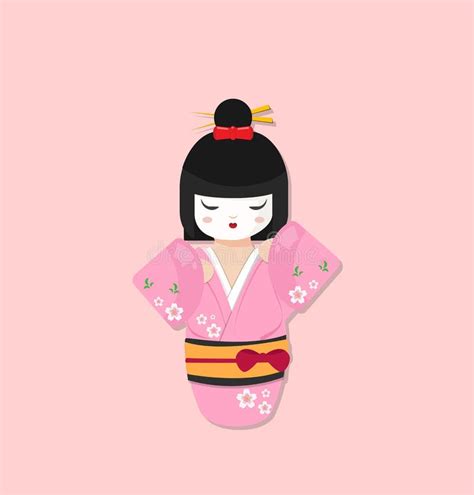 Cute Little Japanese Woman Cartoon Vector Illustration Kokeshi Doll Cartoon Stock Vector