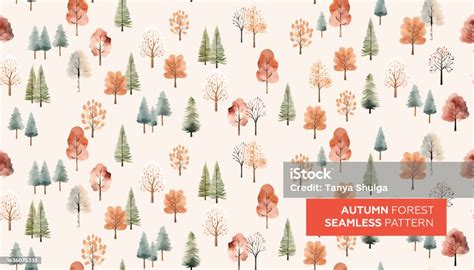 가을 나무가 있는 귀여운 수채화 그림 부드러운 색상의 가을 숲 매끄러운 패턴 계절 장식 인사말 광고 직물 직물 및 포장을 위한 가을 예술 배경 10월에 대한 스톡 벡터 아트
