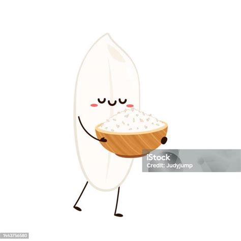 흰색 배경 벡터 삽화에 쌀 만화와 밥 그릇 레스토랑에 대 한 귀여운 음식 마스코트 로고입니다 쌀 주식에 대한 스톡 벡터 아트 및