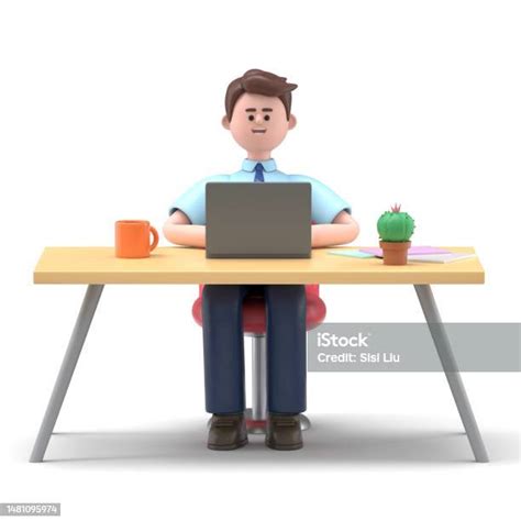 웃고 있는 아시아 남자 펠릭스가 현대 사무실의 책상에서 일하는 3d 그림 만화 캐릭터의 초상화 또는 노트북을 사용하는 프리랜서