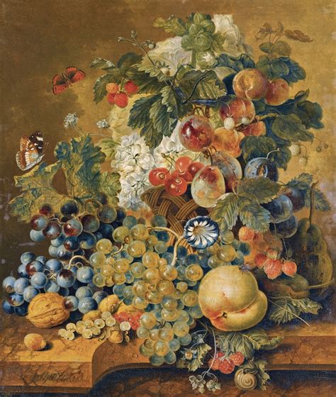 Jacobus Linthorst A Still Life With A Basket Of Fruit Nuts And