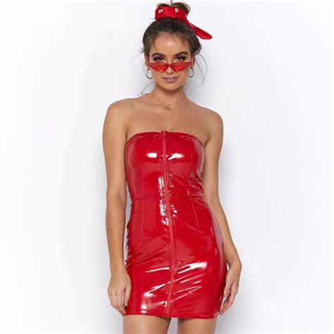 Black Red Shiny Pvc Leather Bandage Mini Dress Sexy Strapless Zipper Club Pencil Bodycon Party