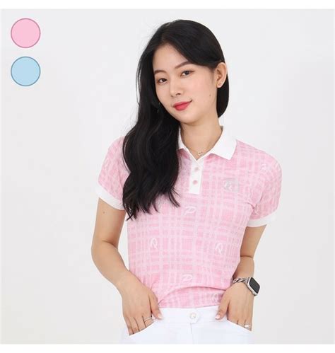 지니골프 여성골프웨어 여름골프카라티셔츠 영어 체크 반팔 카라티 티몬
