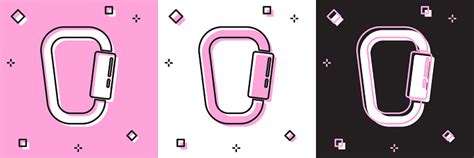 분홍색과 흰색 검은 색 배경에 격리 된 카라비너 아이콘을 설정합니다 익스트림 스포츠 스포츠 장비 벡터 일러스트레이션 강철에 대한