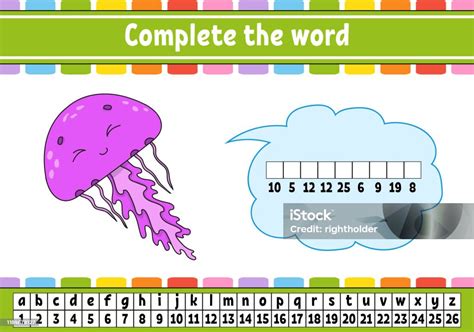 단어를 완성합니다 암호 코드입니다 어휘와 숫자를 학습 교육 개발 워크 시트 영어 공부를 위한 활동 페이지 어린이를위한 게임 격리된 벡터 그림입니다 만화 캐릭터 개념에 대한