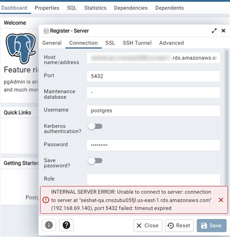 Unable To Connect To Postgresql Database On Amazon Rds From Pgadmin4 Internal Server Error