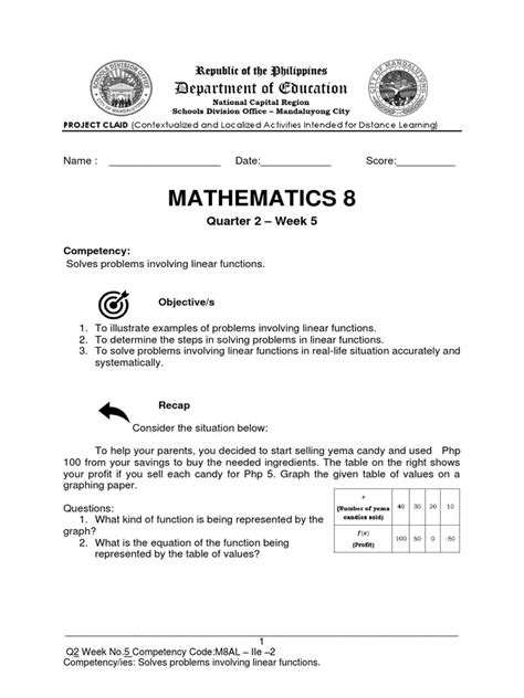 Mathematics 8 Quarter 2 Week 5 Pdf Function Mathematics
