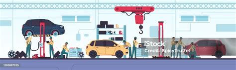 자동차 서비스 작업자 및 장비로 자동 수리 장면 차량 진단 및 정비사 워크샵 예비 부품 튜닝 및 오일 변경을 교체하십시오 벡터 자동차 센터 컨셉 자동차 수리 공장에 대한