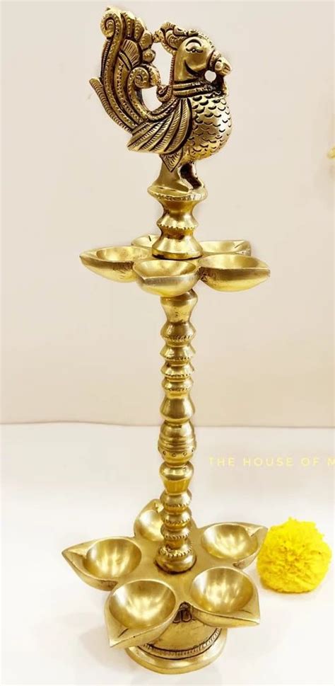 Golden Brass Peacock Diya Stand For Temple Size 10inch Height At
