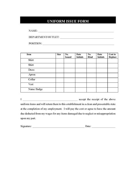 Restaurant Employee Uniform Issue Form Daily Action Planner