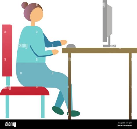 Vector Woman Work On Computer In Office Icon Isolated On White Background Female Remote