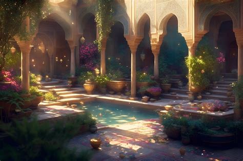 Premium Ai Image A Courtyard With Columns And A Pool In The Middle