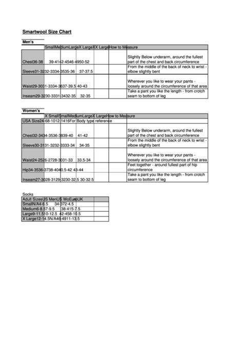 Smartwool Size Chart Printable Pdf Download