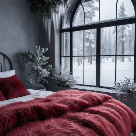 A Cozy Bedroom With A Wintery Atmosphere The Bed Is Covered In Fluffy