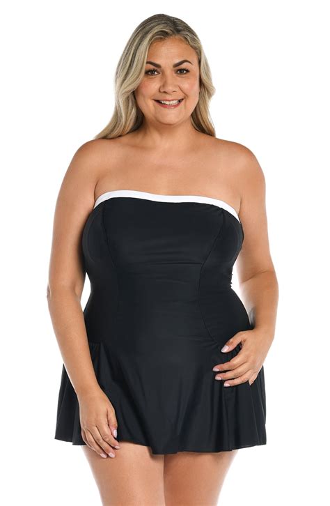 Solid Bandeau Princess Seam Swim Dress One Piece Plus Size