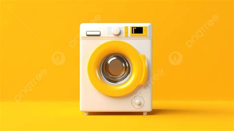 소셜 미디어 배너 및 판촉에 적합한 선명한 노란색 배경의 3d 렌더링된 세탁기 가전제품 전기 장치 가전 제품 배경 일러스트