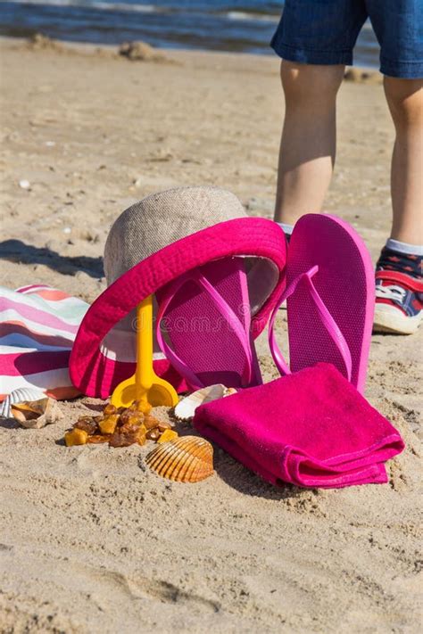 Different Accessories For Relax On Sand At Beach Summer Time Stock