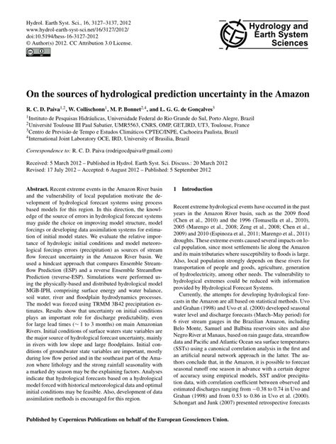 Pdf On The Sources Of Hydrological Prediction Uncertainty In The Amazon