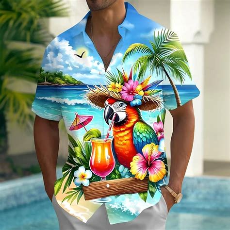 Mens Parrot Tropical Plants Flowers Summer Hawaiian Shirt Button Up