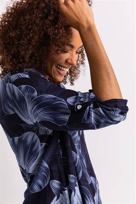 Floral Print Longline Tunic Top In Midnight Blue Roman Originals Uk