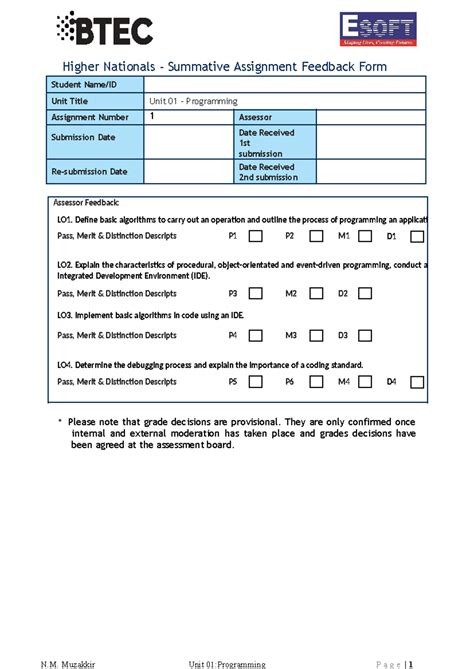 Unit 01 Programming Assignment 2024 Higher Nationals Summative Assignment Feedback Form