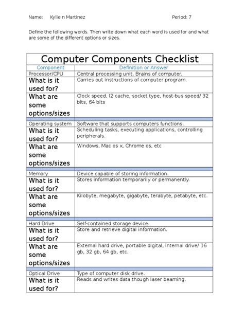 Computer Components Checklist Component Definition Or Answer Pdf